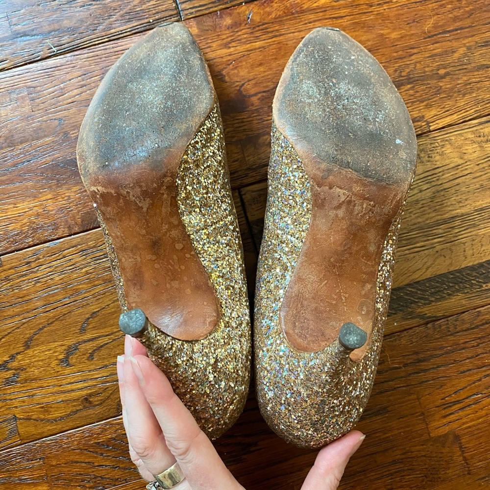 Vintage De Liso Debs High Heel Gold Glitter Pumps - Gem